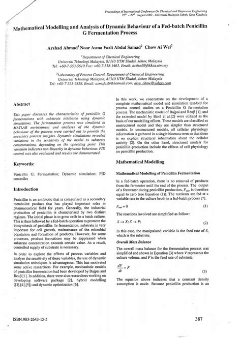 Pdf Mathematical Modeling And Analysis Of Dynamic Behaviour Of A Fed Batch Penicilin G