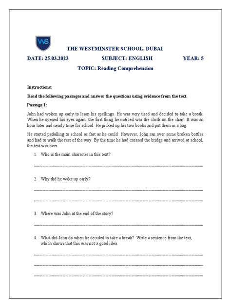 Reading Comprehension Worksheet Pdf Linguistics Cognition