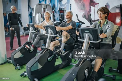 체육관에서 운동 자전거에 스포츠 훈련을 가진 활동적인 노인의 그룹 성년 여자에 대한 스톡 사진 및 기타 이미지 성년 여자