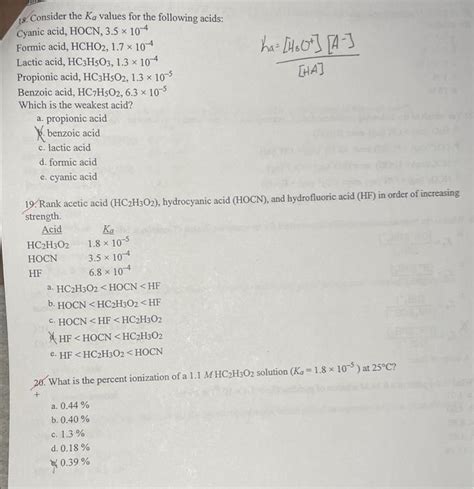 solved 18 consider the ka values for the following acids
