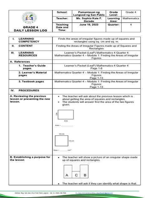 Lesson Plan Prof Ed 322 1 1 Pdf Area Teaching