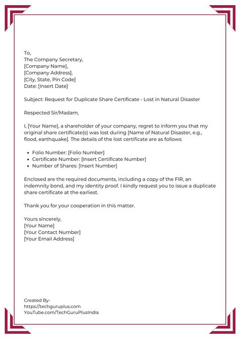 Application For Issuing A Duplicate Share Certificate 5 Format