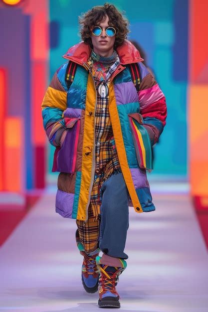 A Model Strolls Down The Runway In A Patchwork Coat Premium Ai