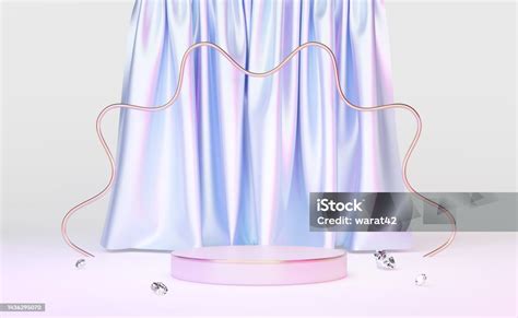 분홍색 연단 빈 및 파란색 커튼 현대 무대 디스플레이 및 미니멀리스트 모형 추상 쇼케이스 배경 개념 3d 그림 또는 3d 렌더링을 위한 흰색 구성 강단에 대한 스톡 사진 및