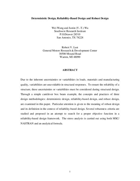 Pdf Deterministic Design Reliability Based Design And Robust Design Robert Lust