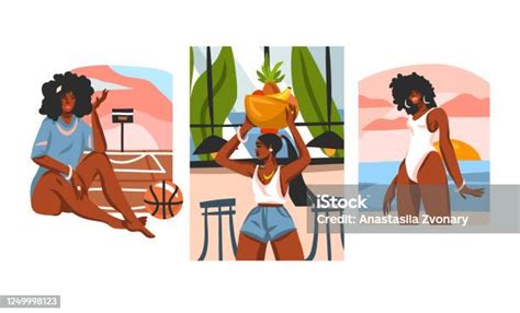 손으로 그린 벡터 추상 스톡 플랫 그래픽 일러스트 컬렉션 세트 젊은 행복 한 흑인 아프리카 계 미국인 아름다움 여성 에 매일 일상적인 장면 에 고립 된 흰색 배경 낮에 대한