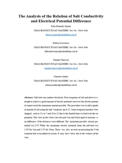 The Analysis Of The Relation Of Salt Conductivity And Electrical