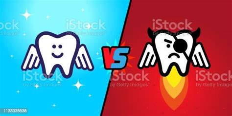 보호 된 치아 건강 한 흰색 행복 한 치아와 뿔이 있는 악 아픈 치아 입에 대 한 해악과 사용 치과 구강 위생 악마에 대 한 사과와 방패 Championship에 대한 스톡