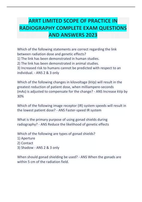 Arrt Limited Scope Of Practice In Radiography Complete Exam Questions And Answers 100 Actual