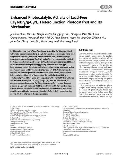Enhanced Photocatalytic Activity Of Lead‐free Cs 2 Tebr 6 G‐c 3 N 4