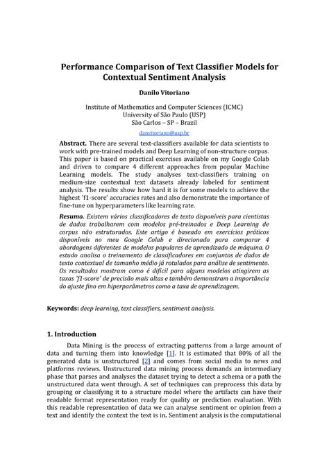 Pdf Performance Comparison Of Text Classifier Models For Contextual Sentiment Analysis