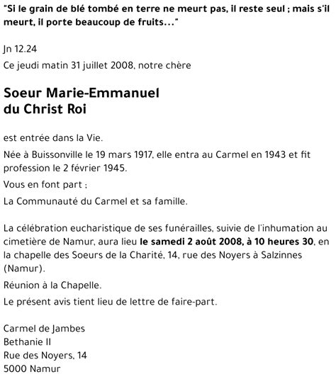 Avis De Décès De Marie Guyot Décédé Le 31072008 à Namur Annonce