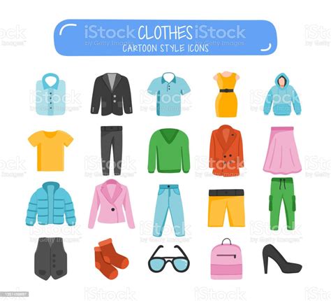 의류 및 액세서리 관련 개체 및 요소 손으로 그린 만화 스타일 벡터 일러스트 레이션 컬렉션 손으로 그린 아이콘 세트입니다 아이콘에 대한 스톡 벡터 아트 및 기타 이미지
