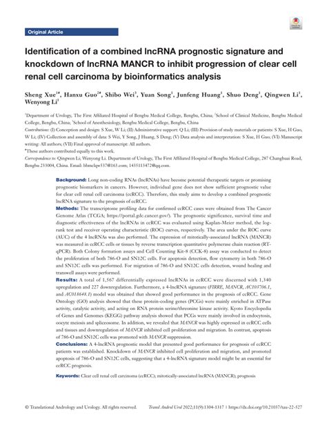 Pdf Identification Of A Combined Lncrna Prognostic Signature And
