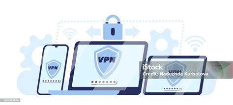 노트북 태블릿 및 스마트폰 모니터에 Vpn 연결이 표시됩니다 보안 소프트웨어 비밀번호 보호 인증 키 잠금 네트워크 기술 컴퓨터 웹 액세스 벡터 개념 Vpn에 대한 스톡 벡터