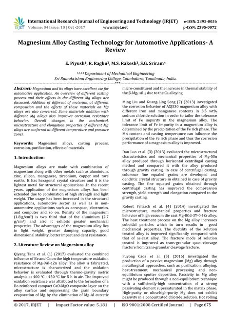 Magnesium Alloy Casting Technology For Automotive Applications A