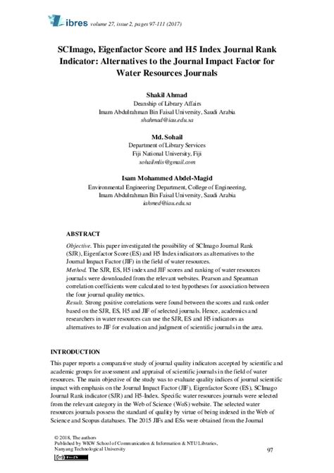 Pdf Scimago Eigenfactor Score And H5 Index Journal Rank Indicator