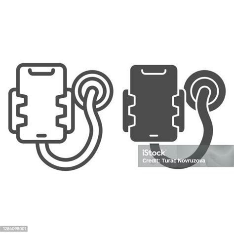 홀더 라인과 솔리드 아이콘 스마트 폰 장비 개념 흰색 배경에 모바일 기호 윤곽 스타일의 전화 아이콘에 대한 흡입 컵 홀더에 서 벡터 그래픽 0명에 대한 스톡 벡터 아트 및