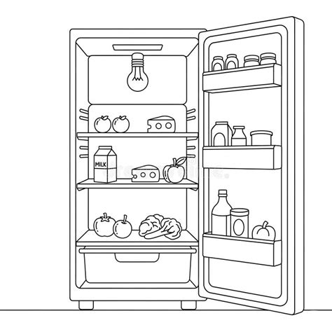 Fridge Refrigerator Drawing Shows Detailed Food Outline Stock