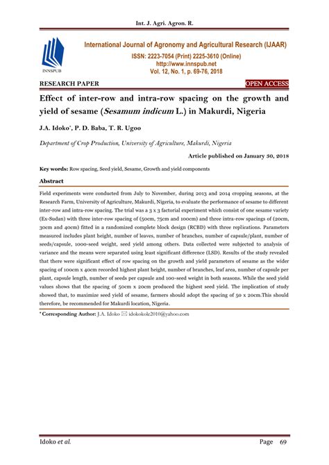 Pdf Effect Of Inter Row And Intra Row Spacing On The Growth And Yield Of Sesame Sesamum