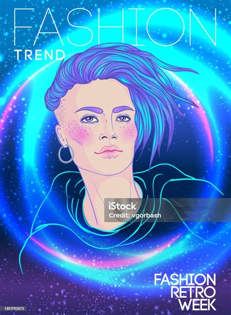 복고풍 미래주의 스타일의 짧은 면도 픽시 언더 컷 젊은 예쁜 Androgynous 여자의 Ortrait 네온 밝은 색상의 벡터 그림 1980 1989 년에 대한 스톡 벡터