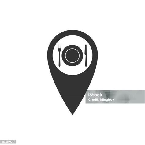 레스토랑 및 칼 붙이 접시 포크 칼 아이콘 절연으로 지도 포인터 평면 디자인입니다 벡터 일러스트 검색에 대한 스톡 벡터 아트 및