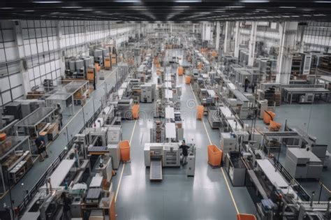 A Factory Floor Filled With Automated Machines Producing Products At Incredible Speeds Stock