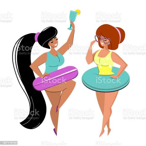 두 플러스 크기의 소녀와 고무 반지와 흰색 배경에 칵테일유리 여름 시간 개념에 대한 스톡 벡터 아트 및 기타 이미지 개념 규모 낱말 Istock