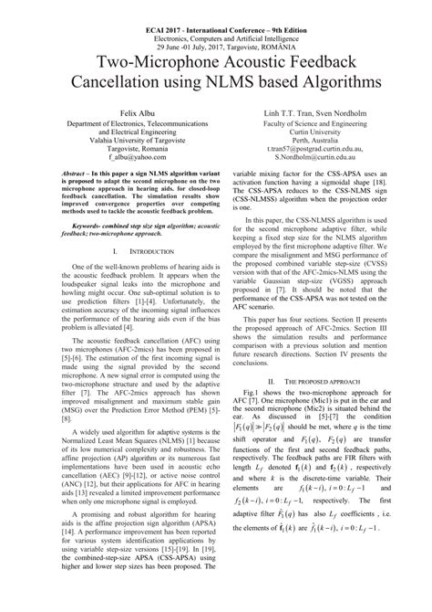 Pdf Two Microphone Acoustic Feedback Cancellation Using Nlms Based Algorithms