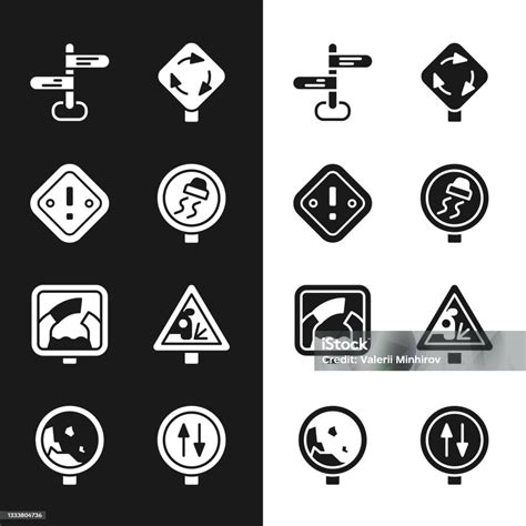 미끄러운 도로 교통 삼각형의 느낌표 도로 표지판 로터리 드로브리지 앞 경고 두 가지 방향 및 바위 아이콘을 설정합니다 벡터 가동교에 대한 스톡 벡터 아트 및 기타 이미지