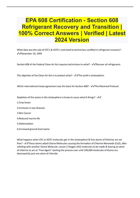 Epa 608 Certification Section 608 Refrigerant Recovery And Transition 100 Correct Answers