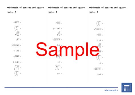 Arithmetic Of Squares And Square Roots Printable Worksheet Teaching