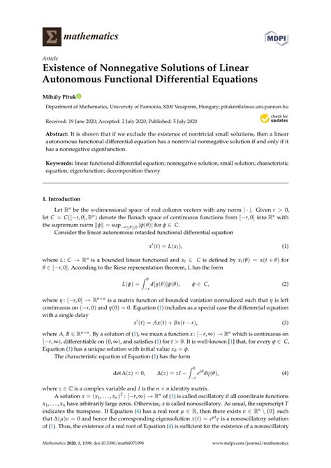 Pdf Existence Of Nonnegative Solutions Of Linear Autonomous Functional Differential Equations