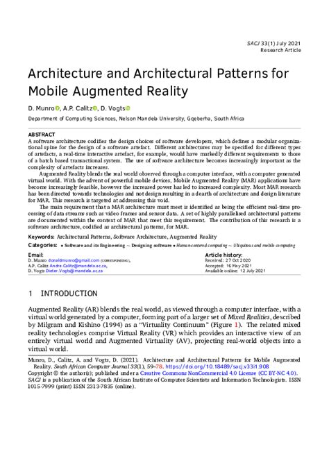 pdf architecture and architectural patterns for mobile augmented reality andre calitz
