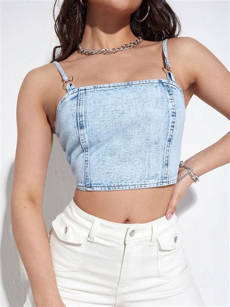 Zip Back O Ring Detail Crop Denim Cami Top Denim Top Crop Top With