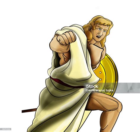 흰색 배경에 로마 또는 그리스 고대 문자 전사 또는 검투사와 만화 장면 검투사에 대한 스톡 벡터 아트 및 기타 이미지 검투사