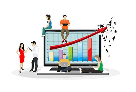 비즈니스 그래프 성장 개념 벡터 일러스트는 팀으로 일하고 성장 차트에 앉아 전문 사람들의 그림 랩톱을 사용하여 비즈니스를 개발하는 플랫 사람들 플랫 남녀 큰 노트북에 여자