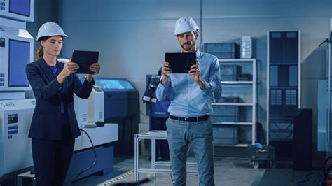 두 명의 전문 엔지니어의 초상화는 산업용 디지털 태블릿을 사용하여 증강 현실과 함께 작업합니다 증강 현실에 대한 훌륭한 템플릿 샷 Cnc 기계와 공장 워크샵 25 29세에