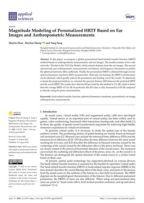 Pdf Magnitude Modeling Of Personalized Hrtf Based On Ear Images And Anthropometric Measurements