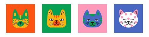 과장된 표정을 가진 재미있는 고양이 얼굴의 트렌디 한 컬렉션 기발한 벡터 고양이 머리 카드 일러스트레이션은 현대 포스터 배너 및 소셜 미디어 아바타에 이상적입니다 밝고 아이