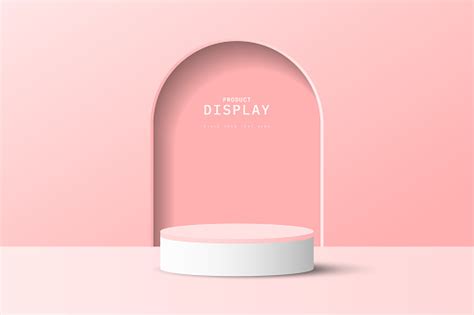 스튜디오 룸은 3d 흰색 분홍색 실린더 연단 받침대 또는 아치 문 모양의 배경이 있는 제품 진열대를 렌더링했습니다 3d 벡터 기하학적 플랫폼 제품 프레젠테이션을 위한