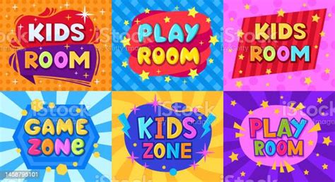 만화 아이 놀이방 스티커입니다 어린이 게임 존 어린이 엔터테인먼트 파티 클럽 및 게임 룸 포스터 평면 벡터 일러스트 레이 션 세트 0명에 대한 스톡 벡터 아트 및 기타