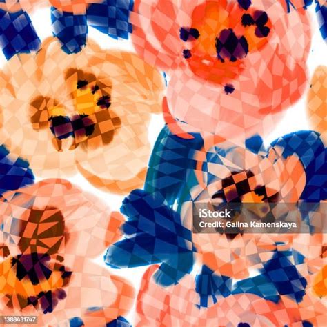 여름 꽃 배경 체크 무늬 다각형 질감에 큰 장식 양귀비 꽃과 매끄러운 패턴 추상적 인 자연 장식 직물 직물 옷 및 포장을위한 패션 프린트 아네모네 꽃에 대한 스톡 벡터 아트