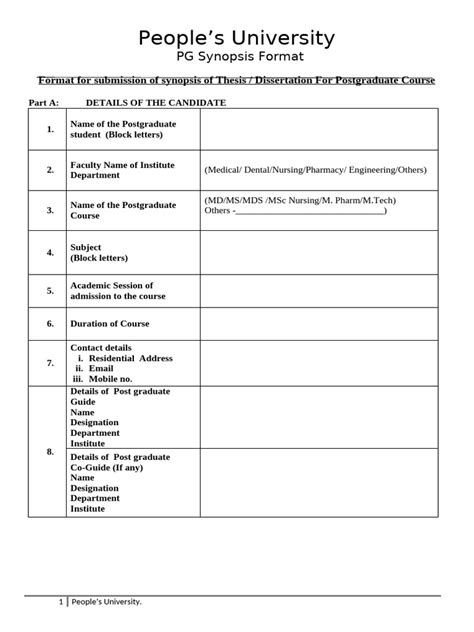Thesis Dissertation Synopsis Format Pdf Thesis Postgraduate Education