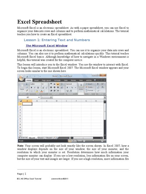excel spreadsheet lesson 1 entering text and numbers pdf