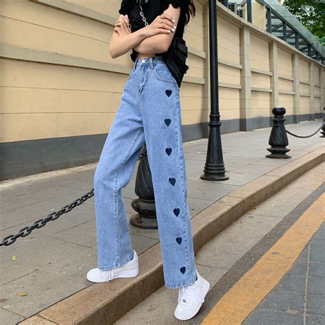 청색 귀여운 유니크 데일리 하이웨스트 하트 패턴 일자핏 청바지 20대 30대 여성 하객 바캉스 여행