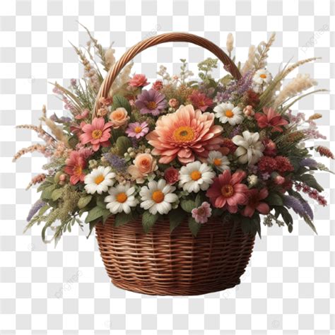 실제 모습을 위한 다양한 다색 꽃 투명한 배경을 갖춘 바구니의 초고화질 8k 3d 클로즈업 실제와 같은 모습을 위한 투명한 배경 8k 3d 다양한 색상의 꽃이 담긴