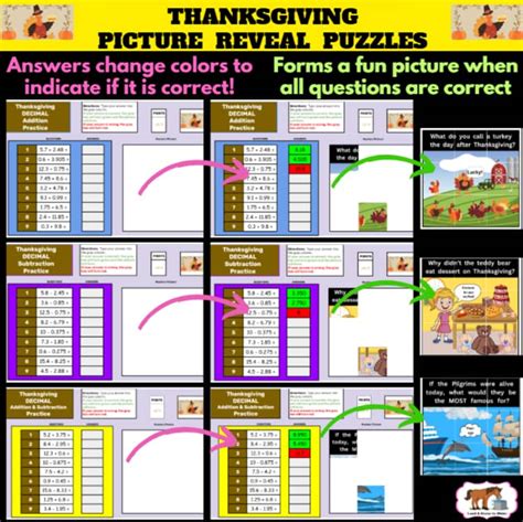 Add Subtract DECIMALS Self Checking Picture Reveal THANKSGIVING Activities