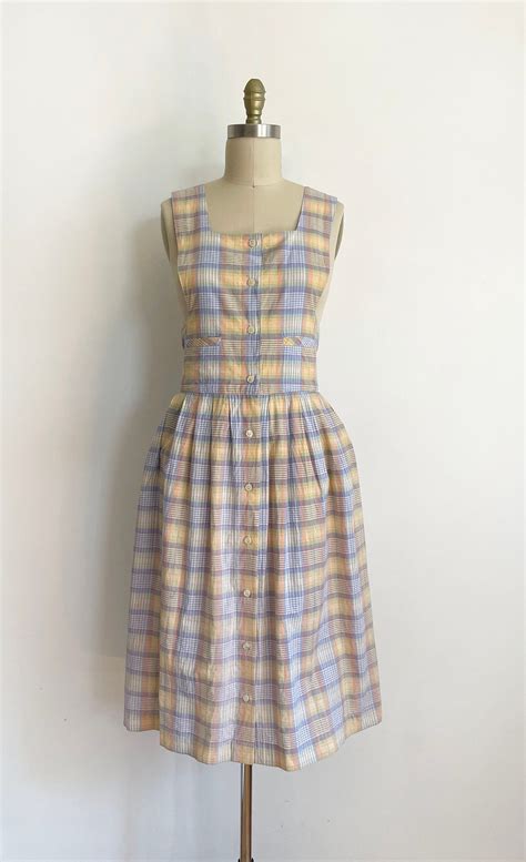 Vintage Pinafore Midi Dress Plaid Pattern Dress Pastel Etsy
