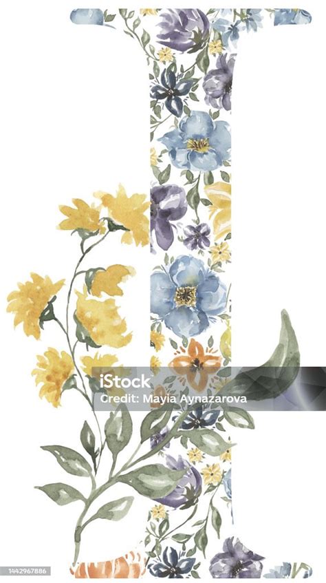 야생화 I 편지 클립 아트 꽃 알파벳 디자인 흰색 배경에 격리된 수채화 꽃 모노그램 그림 0명에 대한 스톡 벡터 아트 및 기타 이미지 Istock